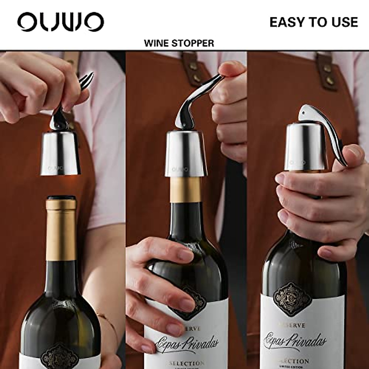 OUWO Wine Stopper Stainless Steel Wine Bottle Stoppers Plug with Silicone Wine Toppers Stopper Reusable Wine Cork Superior Leak-Proof Keeps Wine Fresh Best Gift Accessories Silver 2 pack