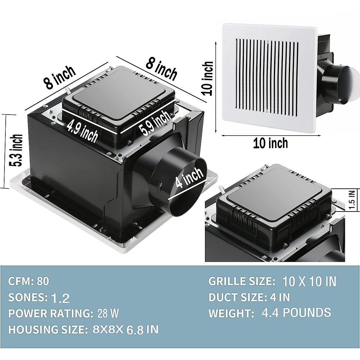 Nalle Exhaust Fan Square Bathroom Ceiling Ventilation Fan 110V Through Wall Exhaust Smoke Fan for Kitchen,laundry room,Toilets, Garage, Shopping Mall and Office 80 CFM 1.2 Sones