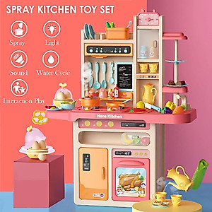 Roxie Play Kitchen Set for Girls, Pink Kitchen with Realistic Lights & Sounds, Play Sink with Runnng Water, Cooking Stove with Steam, 65 PCS Jumbo Kitchen Toys for Kids