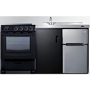 Summit Appliance ACK63ELSTB 64" Wide All-in-one Kitchenette with 4-Burner 220V Smooth-top Electric Range, Refrigerator-Freezer Sink, Cutting Board and Cutlery Storage, and Storage Cabinet