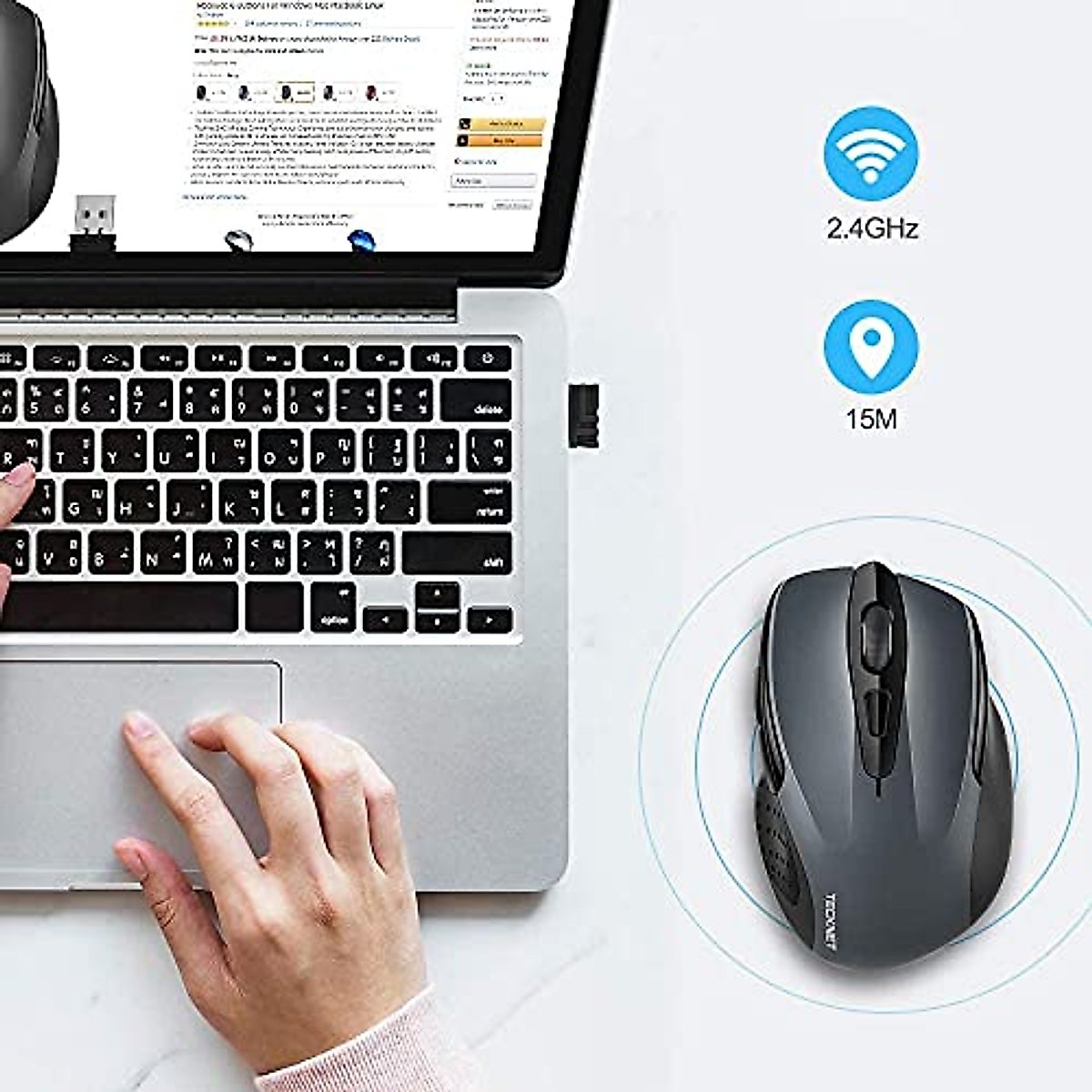 TECKNET Wireless Mouse, 2.4G Ergonomic Optical Mouse with USB Nano Receiver for Laptop, PC, Computer, Chromebook, Notebook, 6 Buttons, 24 Months Battery Life, 2600 DPI, 5 Adjustment Levels