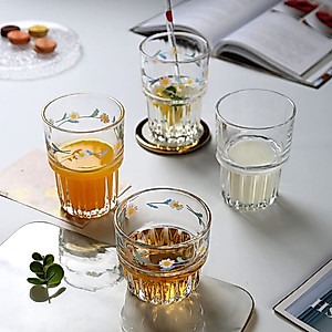 yaocoral Set of 2 Daisy Glass Coffee Cup Cute Drinking Glasses Stackable Daisy Glass Cups for Juice,Iced Coffee,Milk,Tea,Dessert,Flower Glassware Drinkware Set(blue)