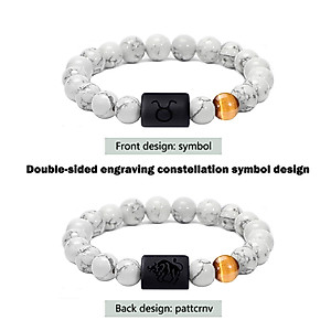 MAOCEN Zodiac Bracelet for Men Women 8mm 10mm White/Black Stone Lucky Blessing Beaded Star Sign Constellation Horoscope Bracelet Fashion Jewelry Gifts (6.5, Taurus)