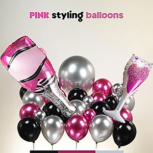 Chrome Hot Pink Black silver Balloon garland kit 126Ppcs with champagne glass and large star balloons for women 21/30th Birthday Mother's Day anniversary 2024 graduations Prom Party Decorations
