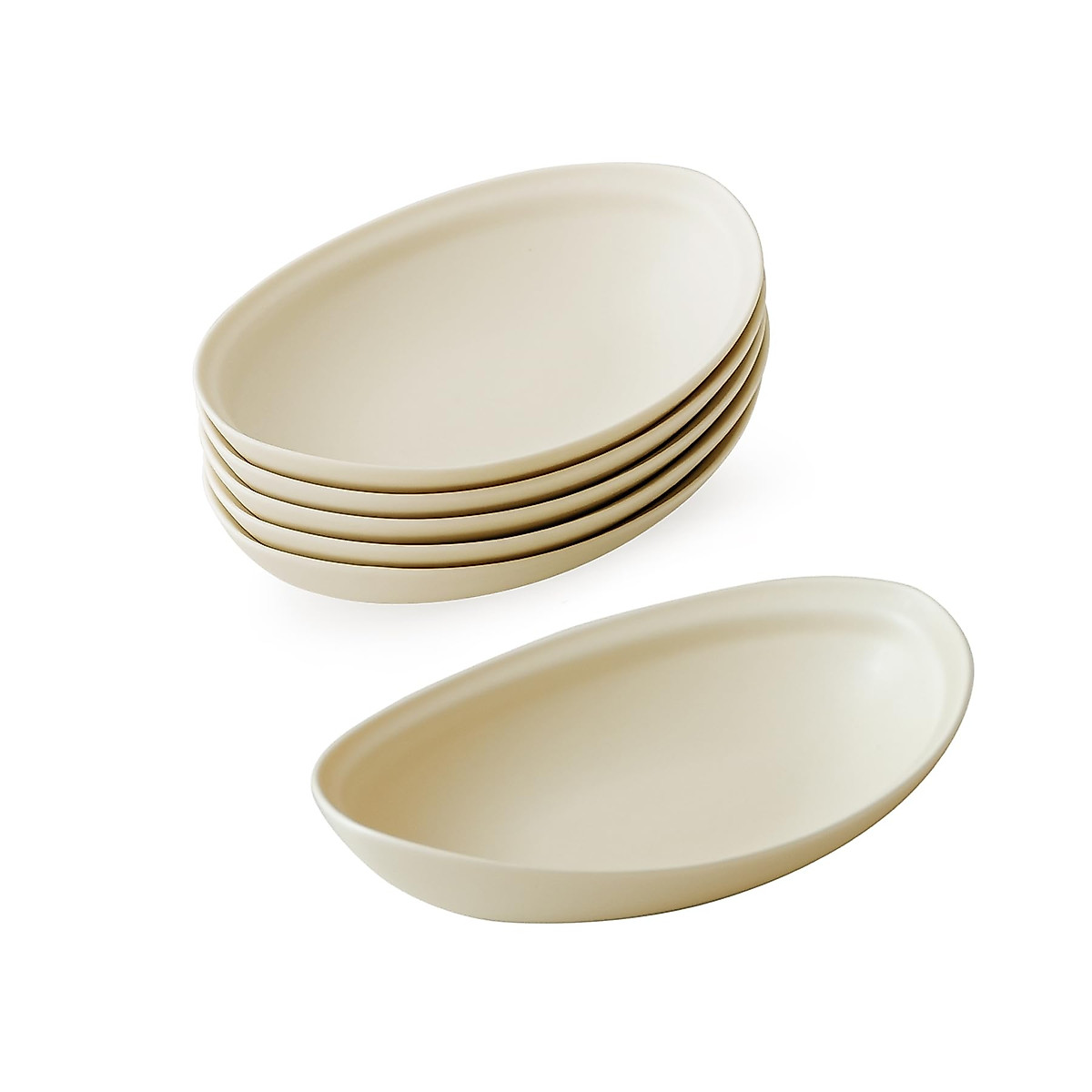 WENSHUO Oval Boat-shaped Platter, Ceramic Plate for Snacks, Food, Cookies, Dessert, Salad, 7 Inch Set of 6, Matte Crème