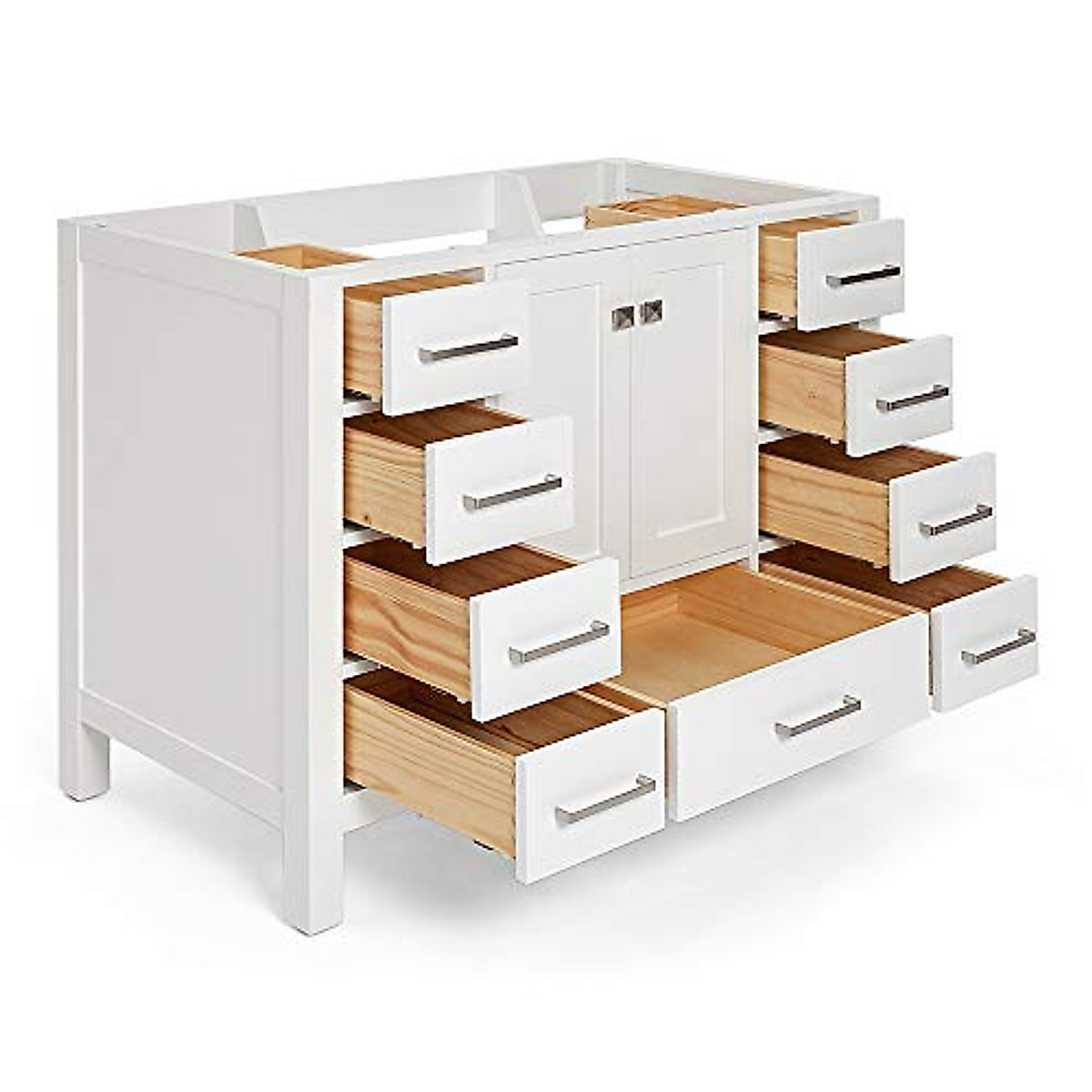 ARIEL 42" White Bathroom Vanity Base Cabinet, Single Sink Configuration, 2 Soft Closing Doors, 9 Full Extension Dovetail Drawers, Brushed Nickel