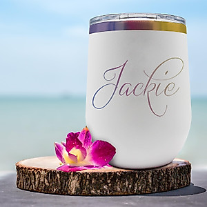 Personalized 12 oz Insulated Stemless Wine Tumbler - Custom Engraved and Monogrammed (White with Prism)