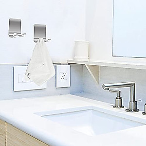 Performore 2 Pack of Stainless Steel Double Hook Hangers with Flat Back and 3M Foam Adhesive, Adhesive Shower Hooks, Razor Holder, Towel Hangers for Bathroom or Kitchen Wall