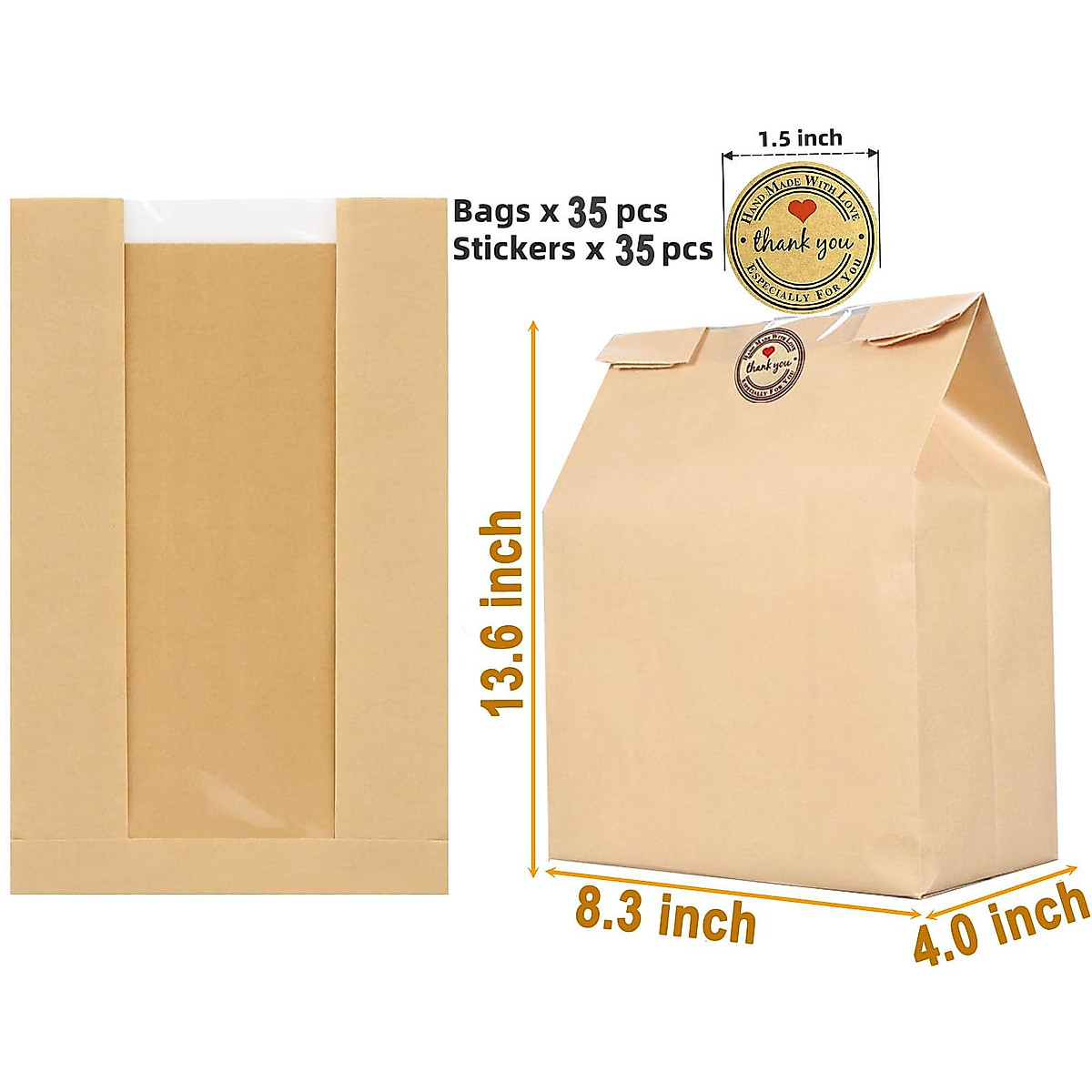 35PCS Large Paper Bread Bags Sourdough Bread Paper Bags for Homemade Bread Kraft Paper Bakery Bags with Window Include 35PCS Label Seal Sticker for Baked Food Packaging Storage (13.6x8.3x4.0 inch)