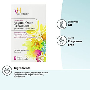vH essentials Vaginal Odor Treatment - pH Balanced Vaginal Suppositories - 6 Tablets With Applicator, White, (667-06)