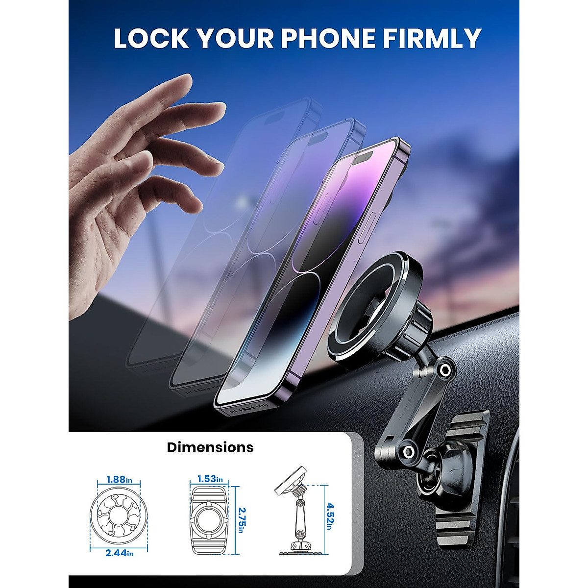 eSamcore Compatible with Magsafe Car Mount, Magnetic Phone Holder for Car with Flexible Base for Magsafe Dash Mount Car Accessories Car Phone Holders for iPhone15 14 13 12 Pro Max [1 PC]