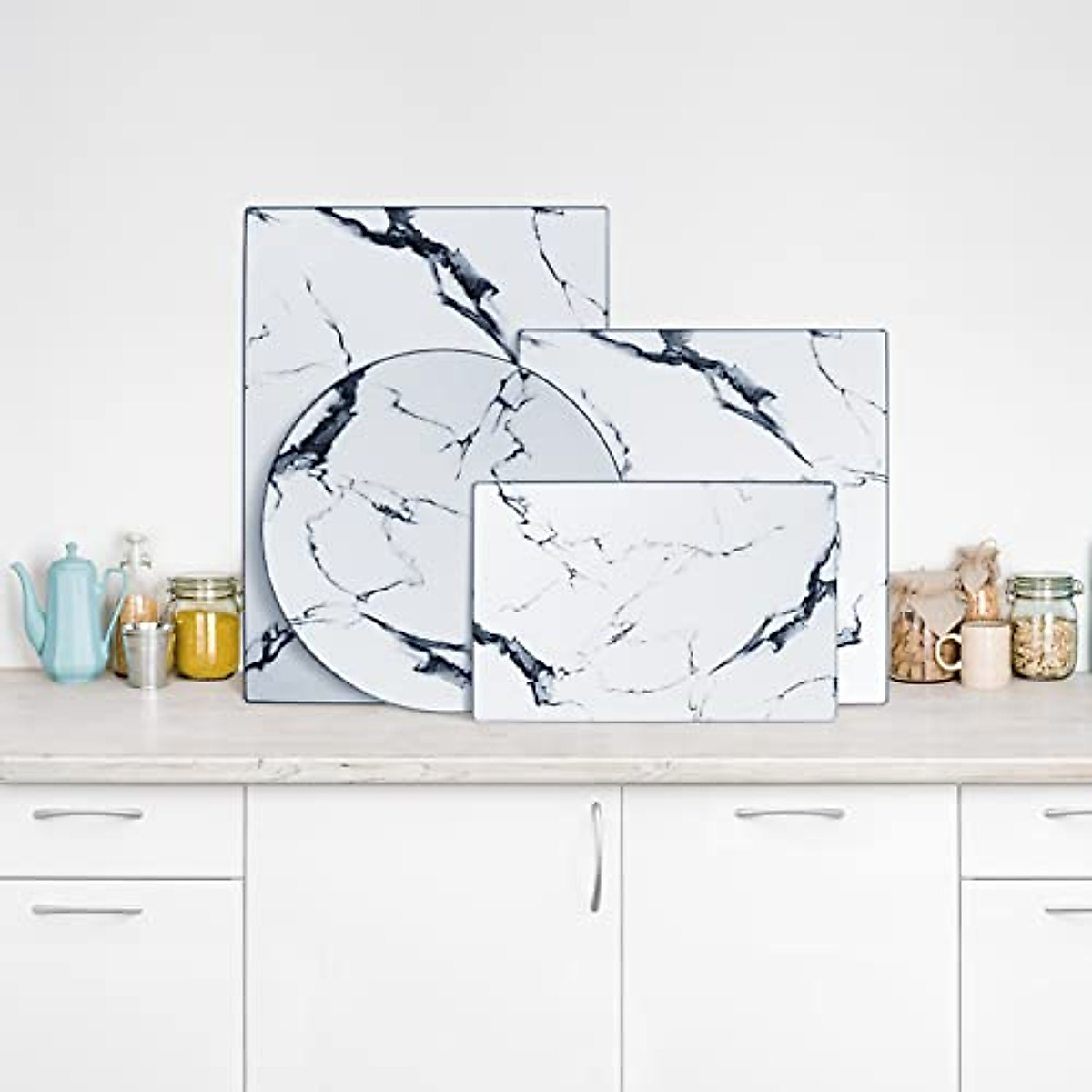 VASUHOME Glass Cutting Board Set of 4, The Place Mat,Shape Variety Decorative Marble Cutting Board with Tempered Glass, for Kitchen, White