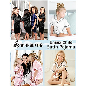 SWOMOG Satin Kid Pajamas for Girls Silk Pjs Set with 2 Pockets Boys Sleepwear Button-up Lounge Sets Short Sleeve Nightwear Black