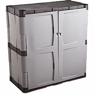 Rubbermaid Freestanding Storage Cabinet with Doors, 18"D x 36"W x 37"H, Medium, Gray/Black, Two-Shelf Lockable Cabinet for Indoor/Outdoor/Garage Storage for Garden Tools/Lawn Care Accessories