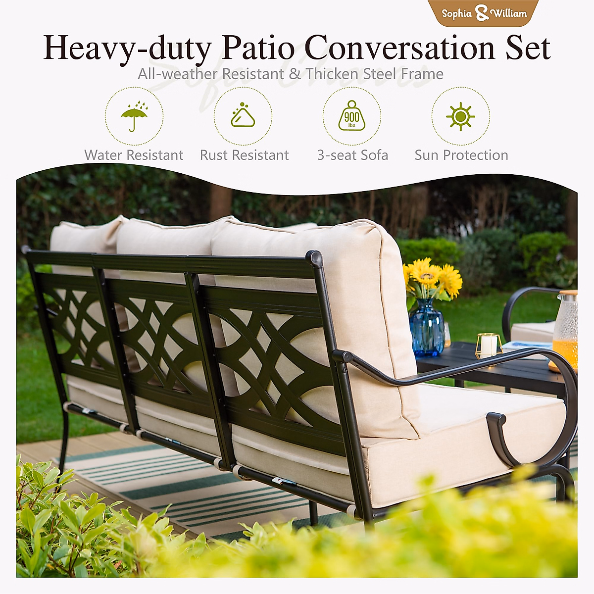 Sophia & William 6 Piece Outdoor Patio Furniture Set, 7 Seats Patio Conversation Sets with 45" Gas Fire Pit Table x 1, 3-seat Sofa x 1, Swivel Chair x 2, Cushioned Chair x 2, Beige