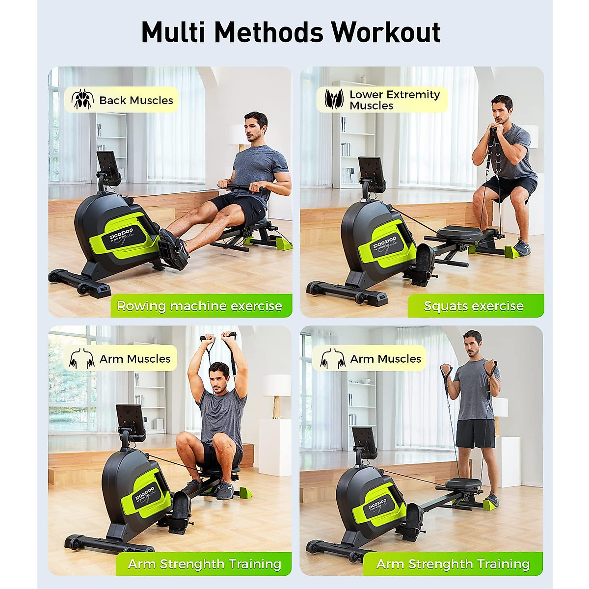 Rowing Machine,JKANGFIT Rowing Machines for Home Use with Arm Strength Training for Full Body Workout,Foldable Magnetic Rower with 14 Levels Resistance LCD Monitor Holder, Green