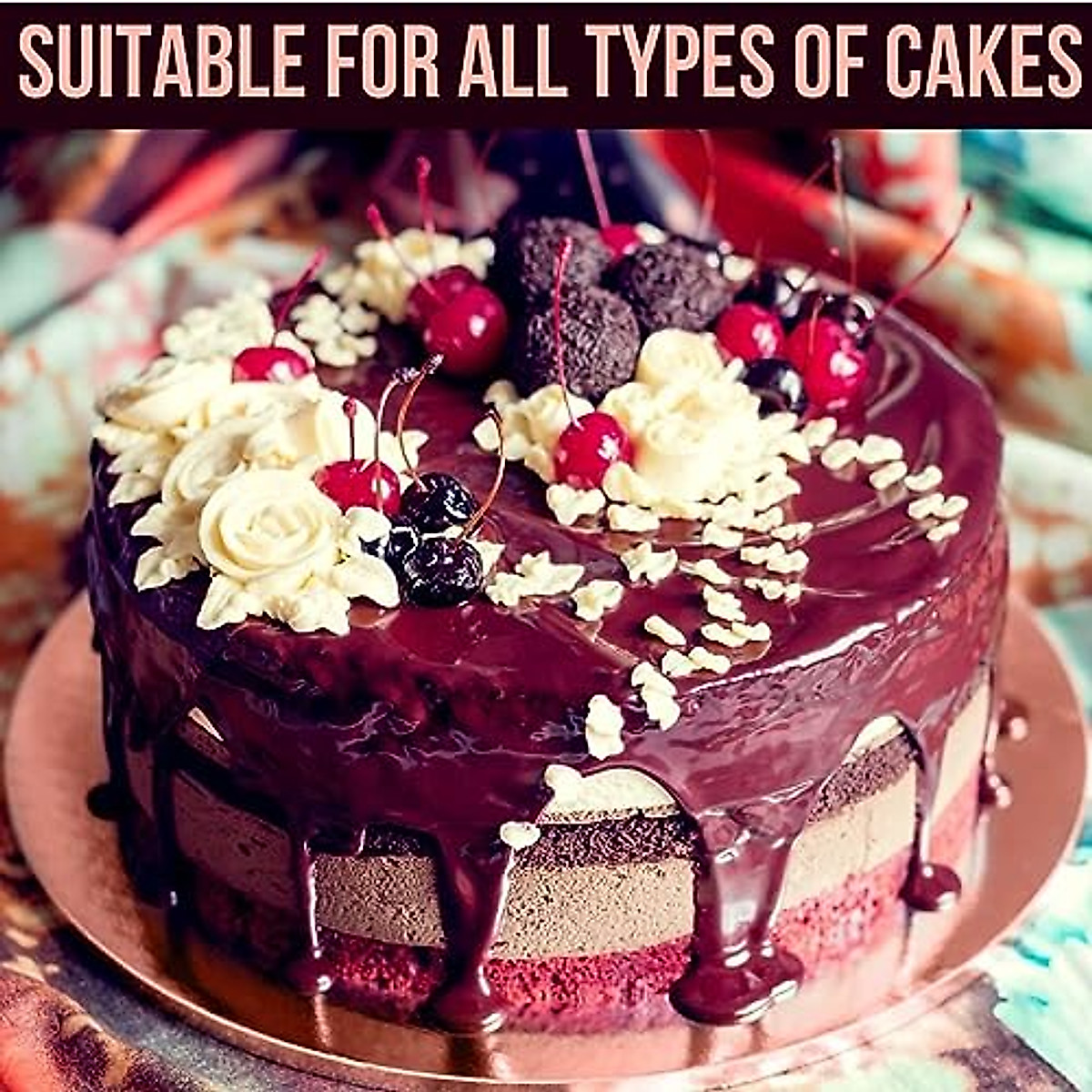 PixiPy Cake Boards (4 Pack, 12 inch, Rose Gold), Reusable Round Cake Drums for Showstopping Desserts, Heavy-Duty Disposable Cardboard Cake Bases W/Elegant Patterns, Cake Decorating Supplies