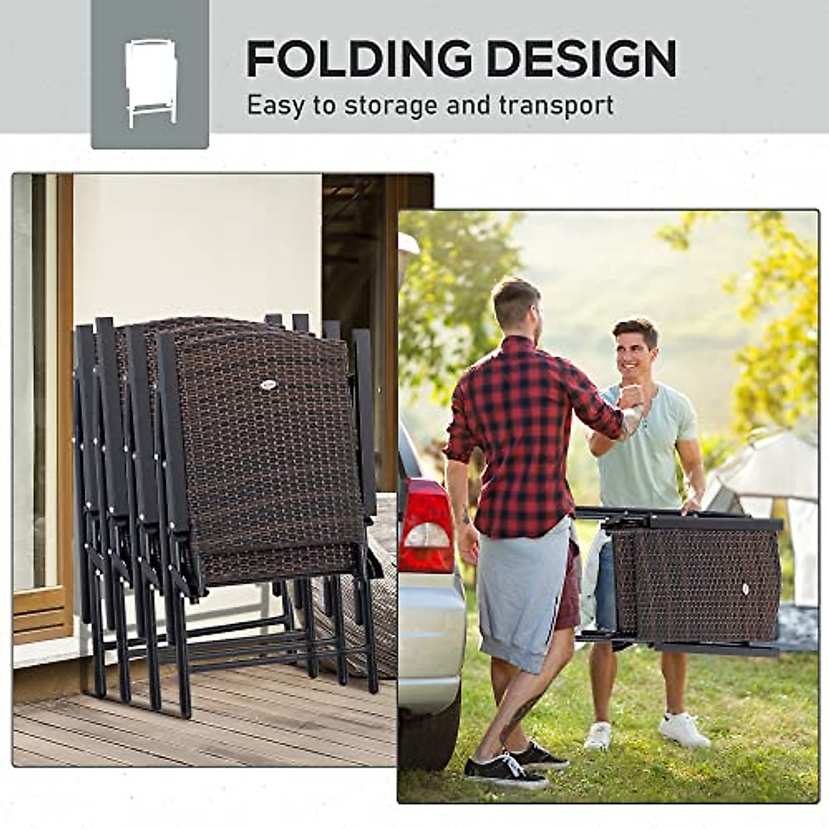 Outsunny PE Plastic Rattan Folding Chair Set, 4 Pack, Outdoor Wicker Seats w/Armrests, Steel Frame, Mixed Brown