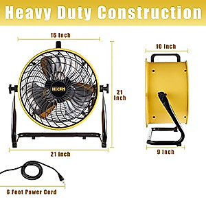 HiCFM 2800 CFM 16 inch High Velocity Turbo Floor Fan With 1/4 HP Motor, Multi-Purpose Portable Air Circulator Wall Mounted for Warehouse, Jobsite, Garage, Commercial or Industrial rooms - UL Listed