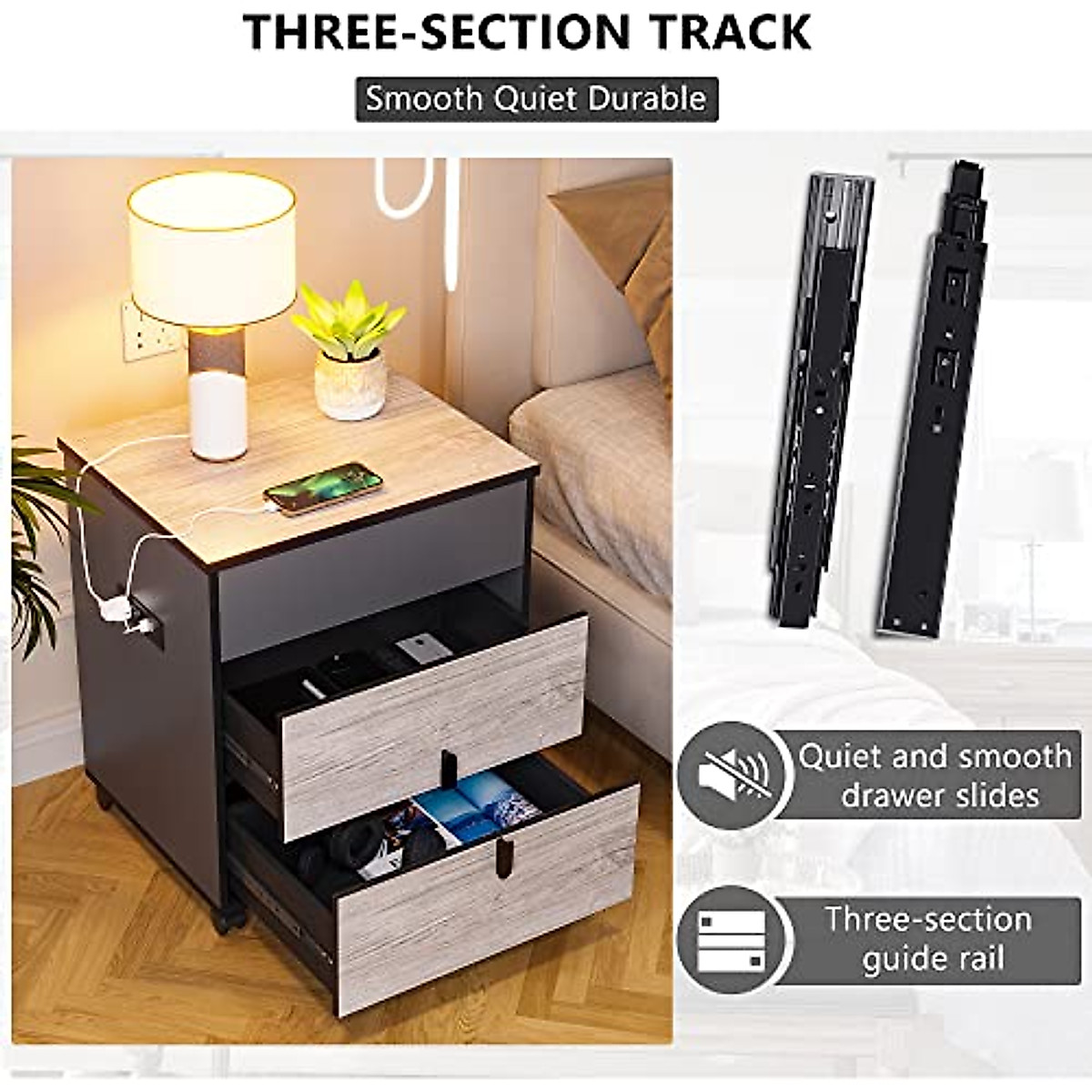 HNEBC Nightstand with Charging Station, Lift Top Table with 2 Outlets and 2 USB Ports, Bedside Table with 2 Drawers, End Table Night Stand with Hidden Storage, Side Table for Bedroom/Closet/Dorm,Wood