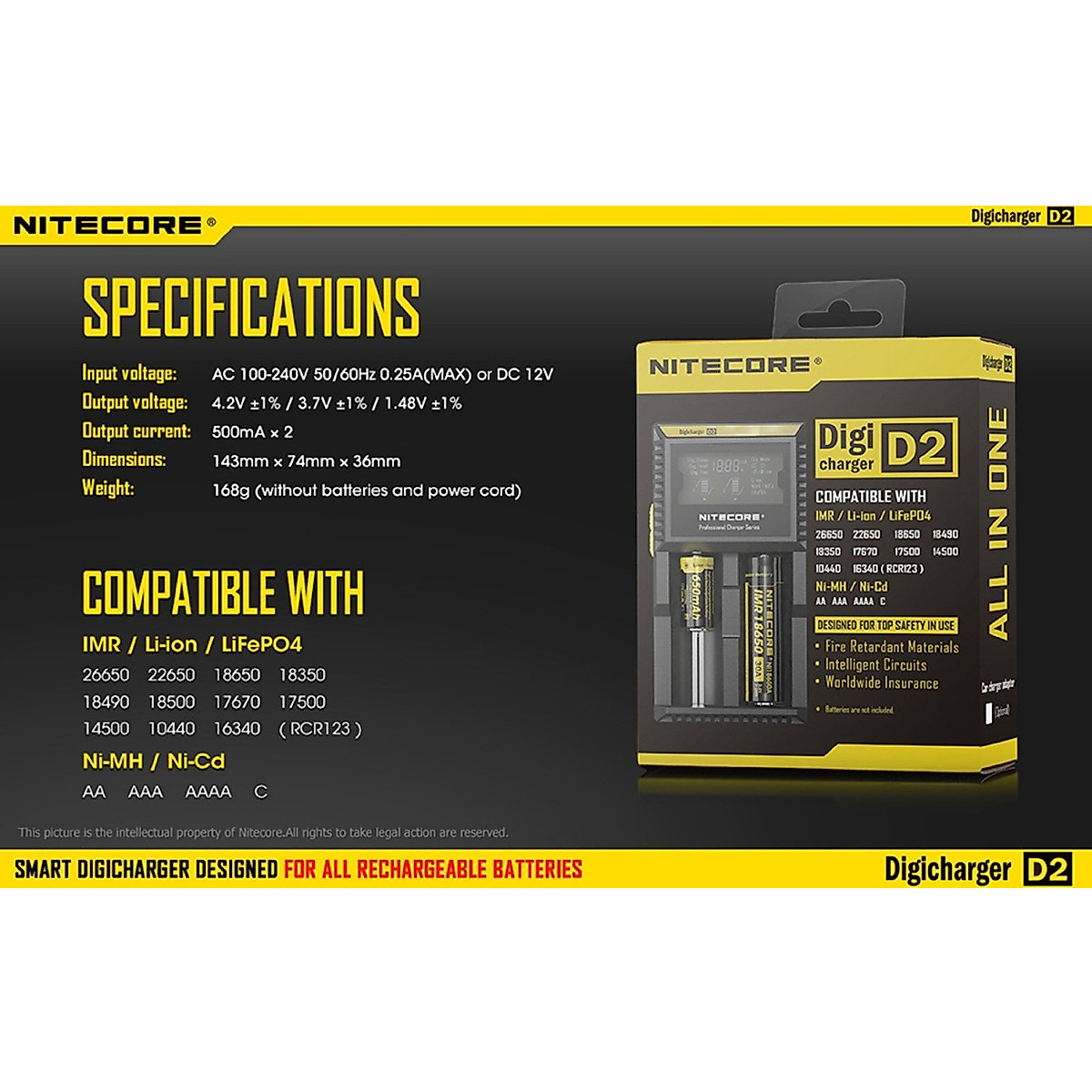 Nitecore D2 smart Charger 2015 version with LCD display For Li-ion, IMR, LiFePO4 26650 22650 18650 17670 18490 17500 18350 16340 RCR123 14500 10440 Ni-MH And Ni-Cd AA AAA AAAA C Rechargeable