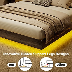 LUXOAK Full Size Floating Bed Frame, Farmhouse Platform Bed Frame with Headboard and LED Light/No Box Spring Needed/Noise Free/Easy Assembly, Rustic Grey