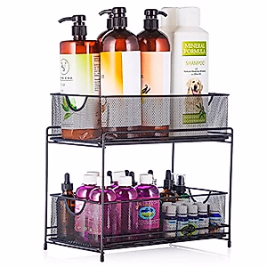 Halter 2-Tier Mesh Sliding Drawer Baskets, Bathroom, Pantry, Storage, Clothing, Cabinet Organizers, 14 by 12.75 by 6.75 Inches, Black