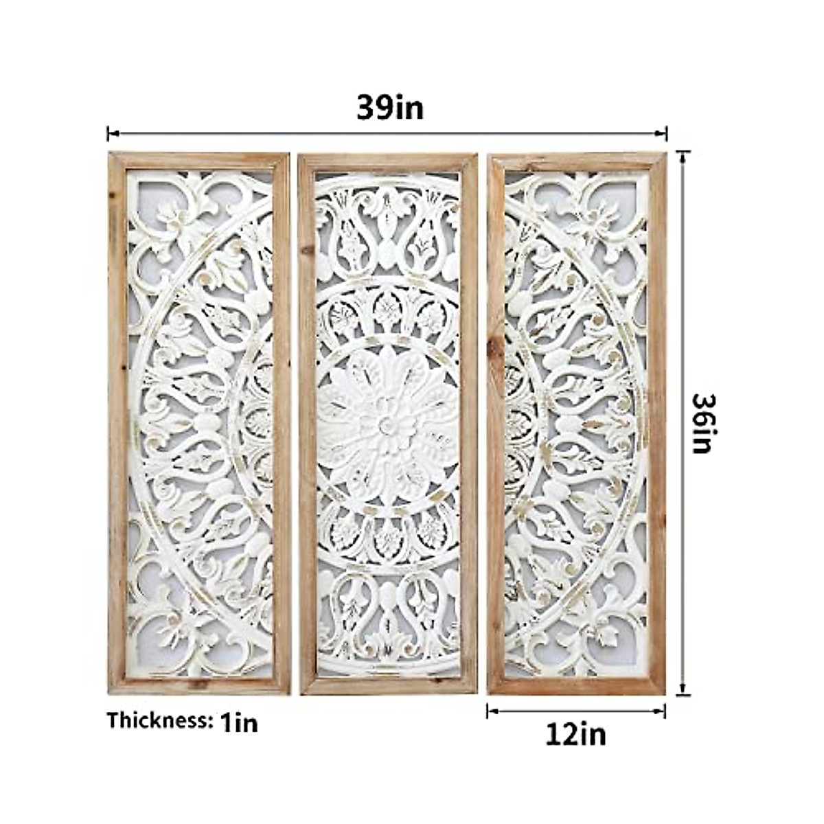 CASOLLY Carved Wood Wall Decor,Floral-Patterned Wooden Panels (Set of 3),Decorative Carved Wall Sculpture,39"x36"x1",for Living Room Bedroom Entrance Hall