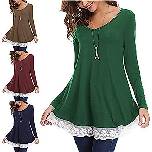 Womens Long Sleeve Swing Tops V Neck Casual Loose A Line Lace Trim Tunic Shirts Loose Blouse Black