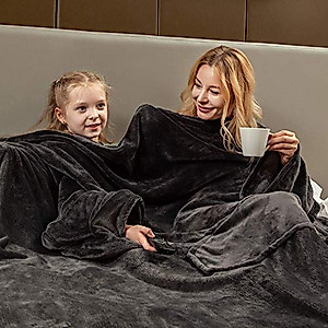 Wearable Fleece Blanket with Sleeves & Foot Pocket for Adult Women Men,Lightweight Soft Plush TV Blanket Wrap Throw with Sleeves and Adjustable Hook & Loop 79" x 67" Charcoal (Kangaroo Pocket)