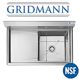 GRIDMANN Stainless Steel 1 Compartment Utility Sink with Left Drainboard, NSF Certified Commercial Kitchen Sink, 18" x 18" x 12" Bowl
