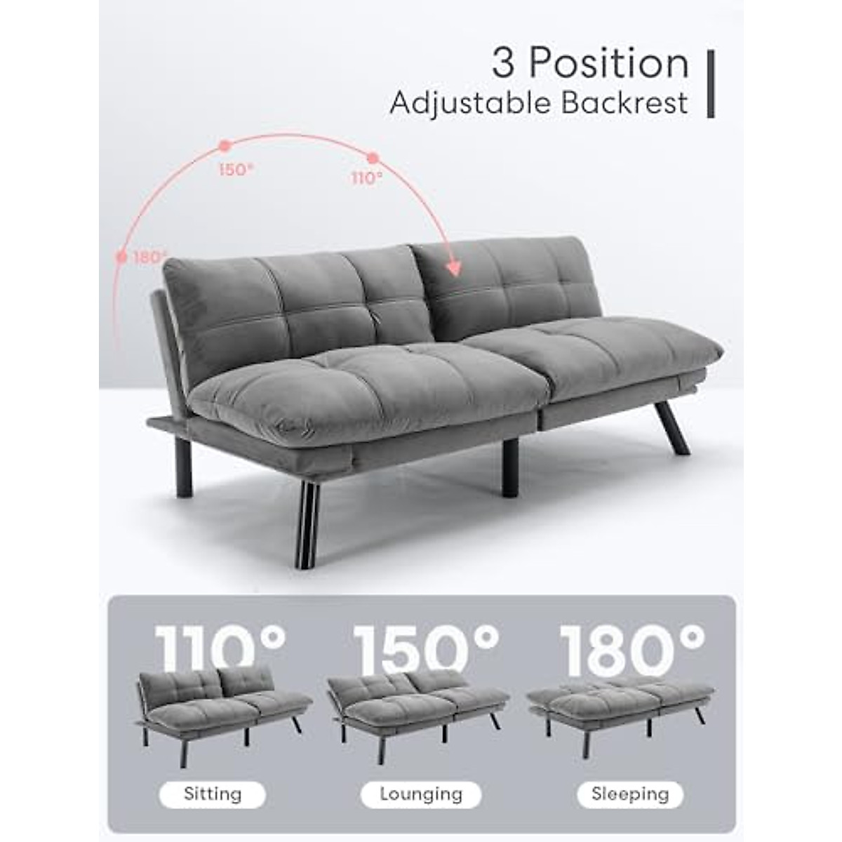 Miscoos Velvet Convertible Bed, 71" Comfy Loveseat Sleeper Sofa with Adjustable Backrest Armrest, Strengthen Wood, Thick Cushion, Small 2 Seater Futon Couch for Living Room, Bedroom, Light Grey