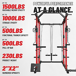 Mikolo Power Cage Power Rack with Cable Crossover System, 1500LBS Squat Rack,with LAT Pull Down System, Home Gym Packages with Weight Bench, Olympic Barbell Weight Set-Red