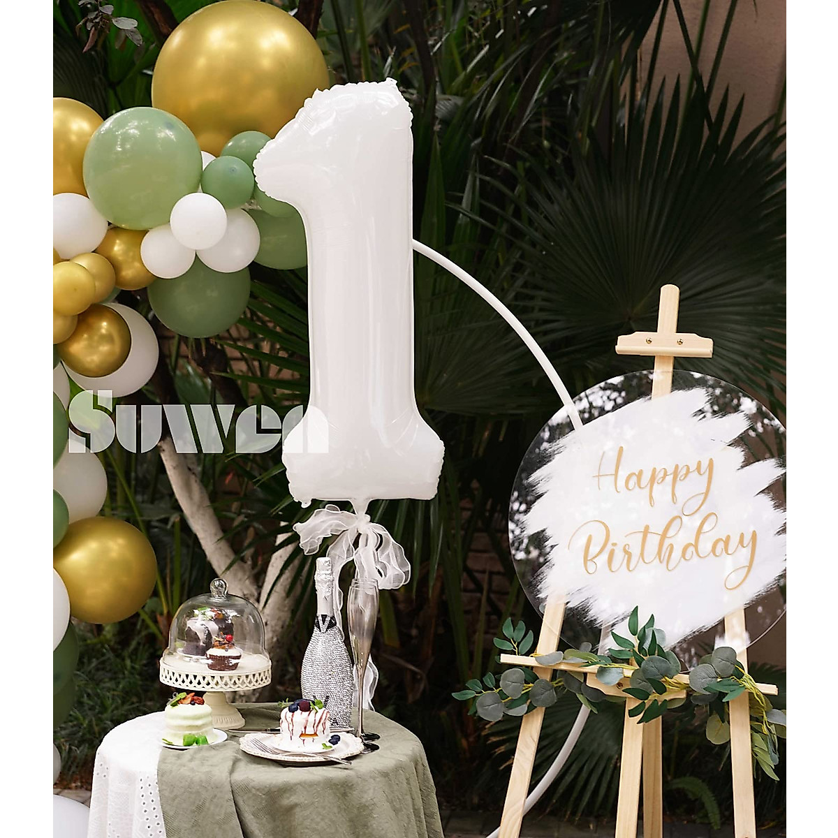 SUWEN 40 Inch White Large 1 Balloon Number Big Foil Helium Number Balloons 0-9 Giant Jumbo Happy 1st Birthday Party Decorations for Boy or Girl Huge Mylar Anniversary Party Supplies