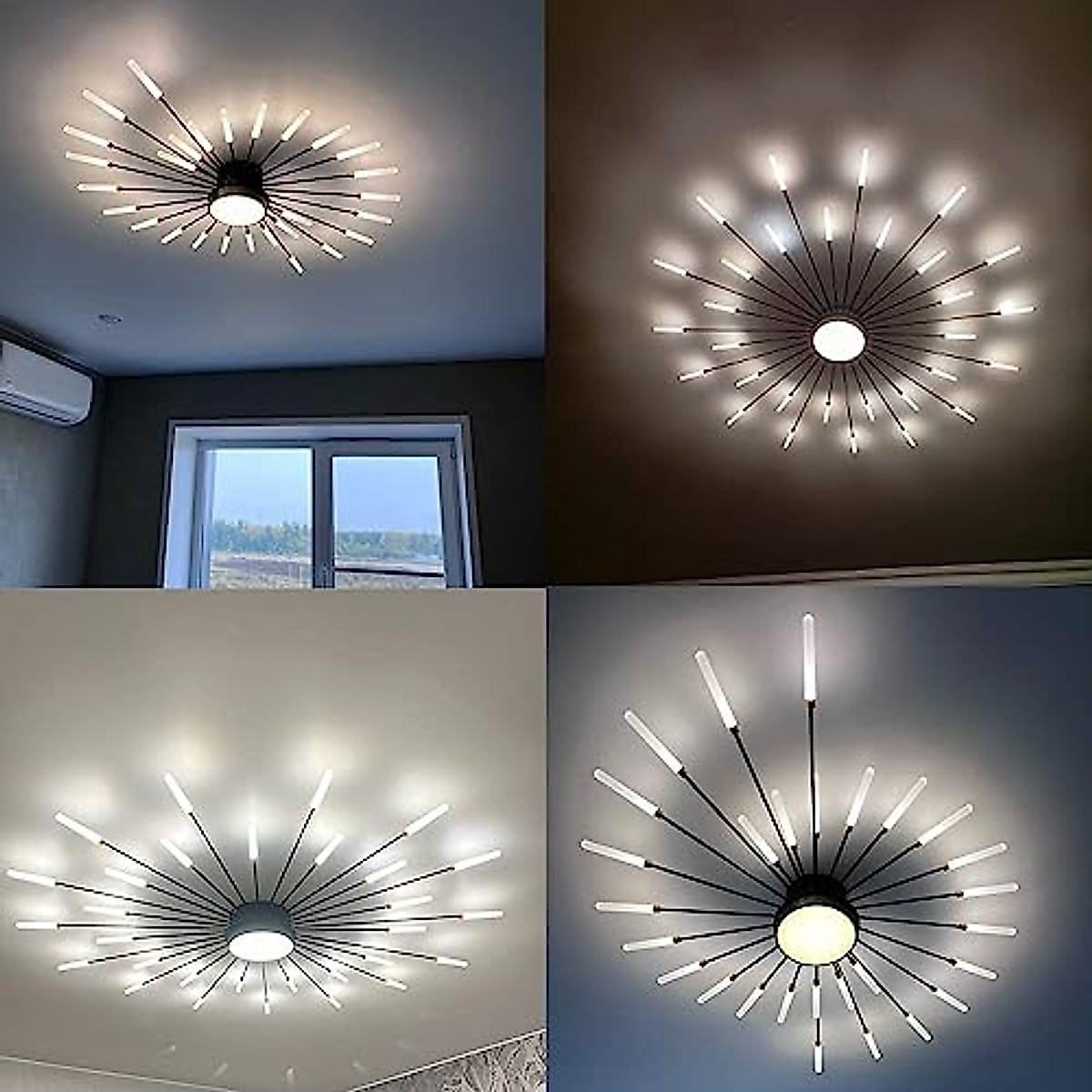 51 Inch Dimmable LED Ceiling Light Fixture,42 Lights Ceiling Lights Flush Mount Chandelier Black Indoor Lighting for Living Room,42W+12W Firework Deco Close to Ceiling Light with Remote Control