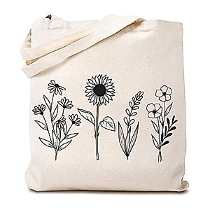 Wildflower Canvas Tote Bag Flower Lover Funny Reusable Shopping Bag with Handles For Student Work 15.8 x 13.5 inches