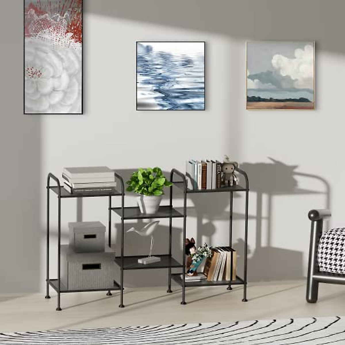 DMplus 3-Tier Storage Rack, Industrial Style Extendable Plant Stand with Adjustable Shelf, Standing Shelf Units for Kitchen, Bathroom, Office, Living Room, Balcony, Kitchen, Charcoal Black SSR01B