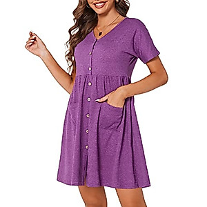 HOTOUCH Women's Plus Size Short Sleeve V-Neck Dresses Casual Loose Swing T-Shirt Dress Purple