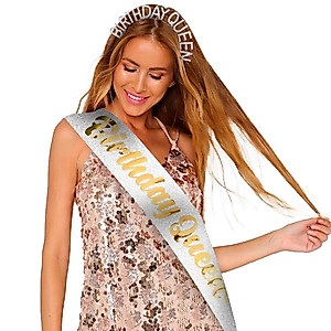 Birthday Sash for Women & Birthday Crown - 2Pc SET - Birthday Sash and Birthday Tiara. Ideal Birthday Decorations for Women, Birthday Headband, Birthday Queen Sash (Silver)