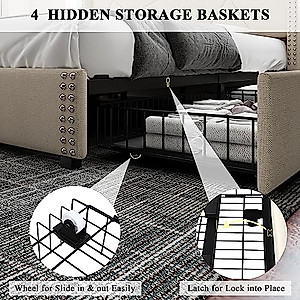 Feonase King Bed Frame with 4 Storage Drawers, Upholstered Platform Bed with Charging Station & Wingback Headboard, Solid Wood Slats Support, No Box Spring Needed, Noise-Free, Beige