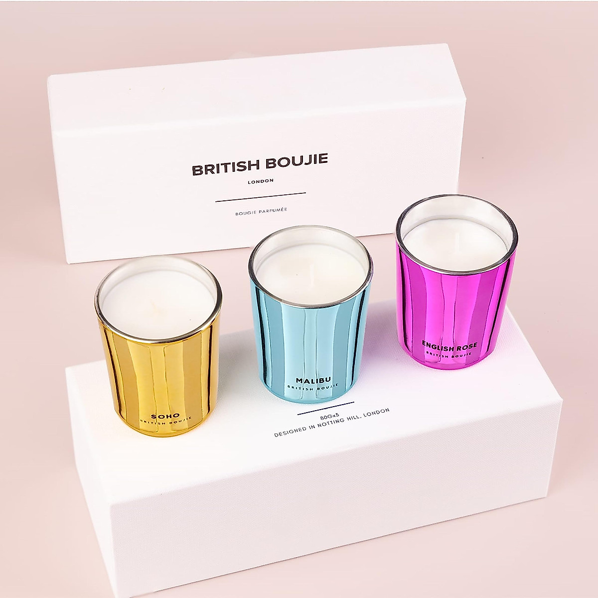 Candle Gift Set - St Tropez Malibu English Rose - Luxury Scented Candles in Box - Luxurious Fragrance with Long Burn time - 3 x 80gm Natural Wax - Scented Candle Gifts for Women & Men