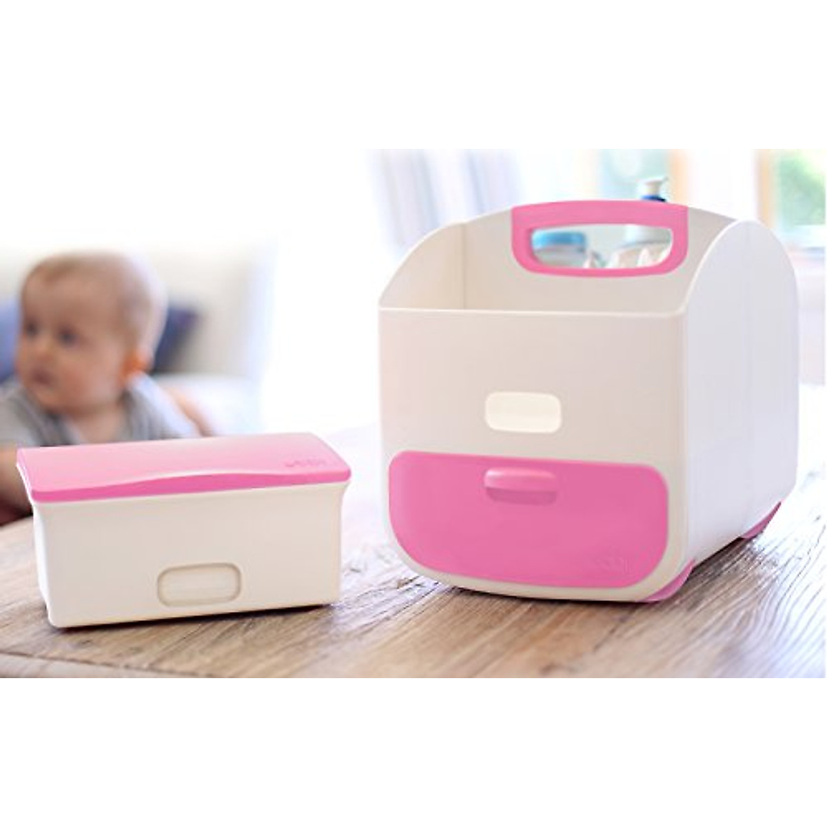 Ubbi Portable Diaper Changing Station + Diaper Storage Caddy Organizer with Changing Mat: Easily Stores Baby Diapers, Wipes + Baby Accessories - Pink