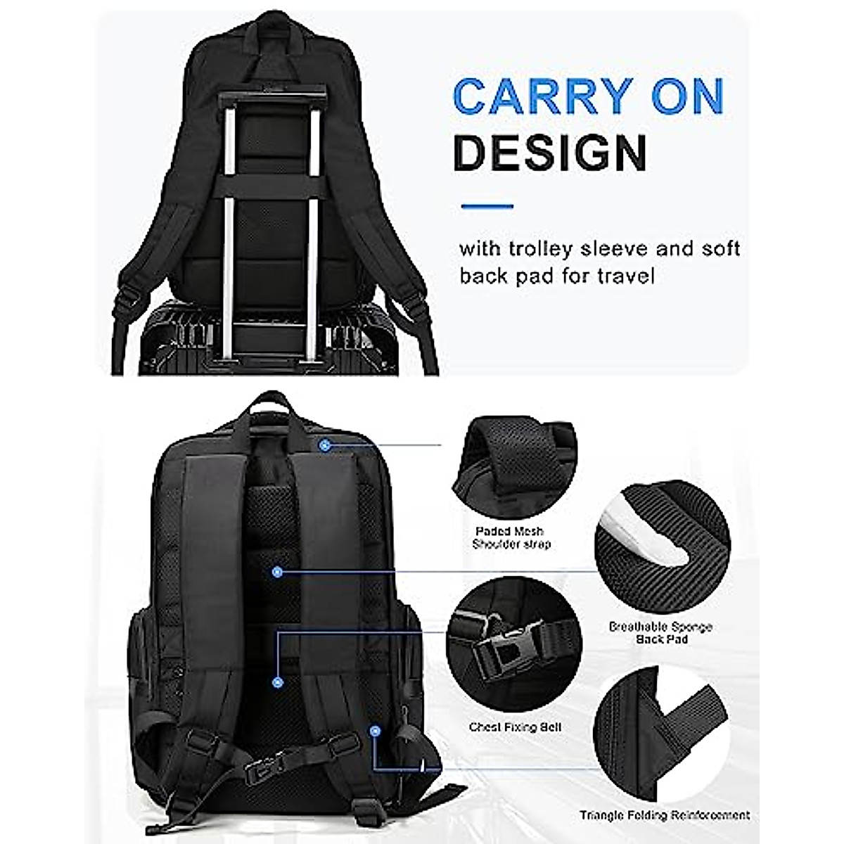 Travel Laptop Backpack for Men, Waterproof Anti Theft Backpack for Women, Hiking Backpacks with USB Type-C Charging, Business Back pack Daypack, Black Upgrade