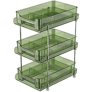 NPET 3 Tier Clear Green Organizer with Dividers for Bathroom, Sliding Cabinet Under Sink Organizer Kitchen, Pull Out Under Cabinet Organizer Storage Container for Pantry, Vanity, Medicine, Counter