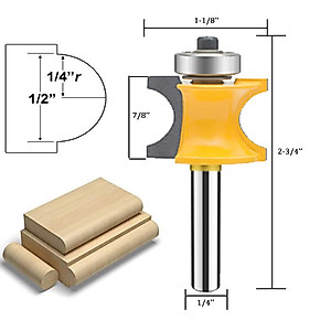 TAIWAIN 5PCS Router Bit Set Woodworking Cutter 1/4 Inch Shank, Half Round Bearing Bullnose Milling Cutter Bits, Carbide Tipped Round Edge Cutting Ball Blade Radius 1/8" 3/16" 1/4" 5/16" 3/8"