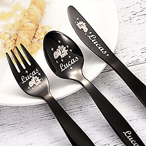 Personalized Dinosaur Unicorn Cutlery Set - Custom Name Engraved Spoon Knife Fork Set - Children's Stainless Steel Cutlery Set for Kitchen Kids