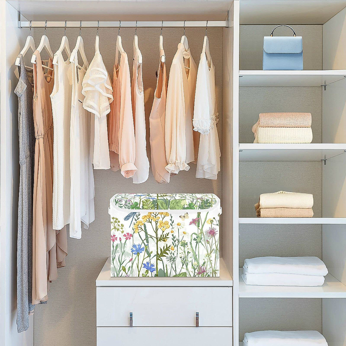 JUMBEAR Herbs Wild Flower Rectangular Storage Bin with Lid and Handle, Collapsible Toys Clothes Storage Basket Organizer for Closet, Office, Nursery, Home Decor