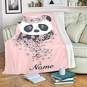 CUXWEOT Custom Blanket with Name Text Personalized Cherry Blossom Panda Soft Fleece Throw Blanket for Gifts (50 X 60 inches)