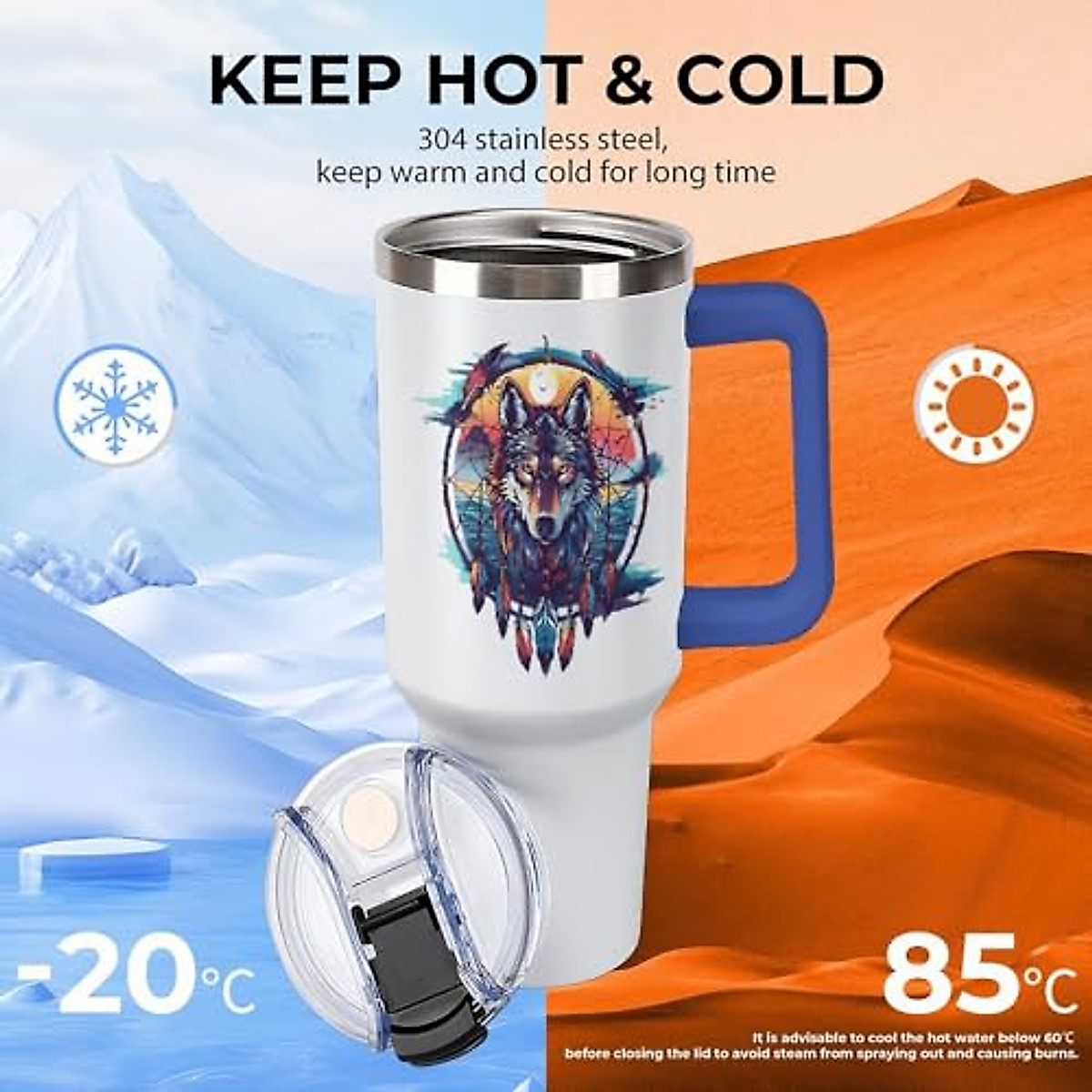 Charm Wolf Dream Catcher Insulated Tumbler with Lid And Straw Stainless Steel Travel Coffee Mug 40oz Deep Blue-style