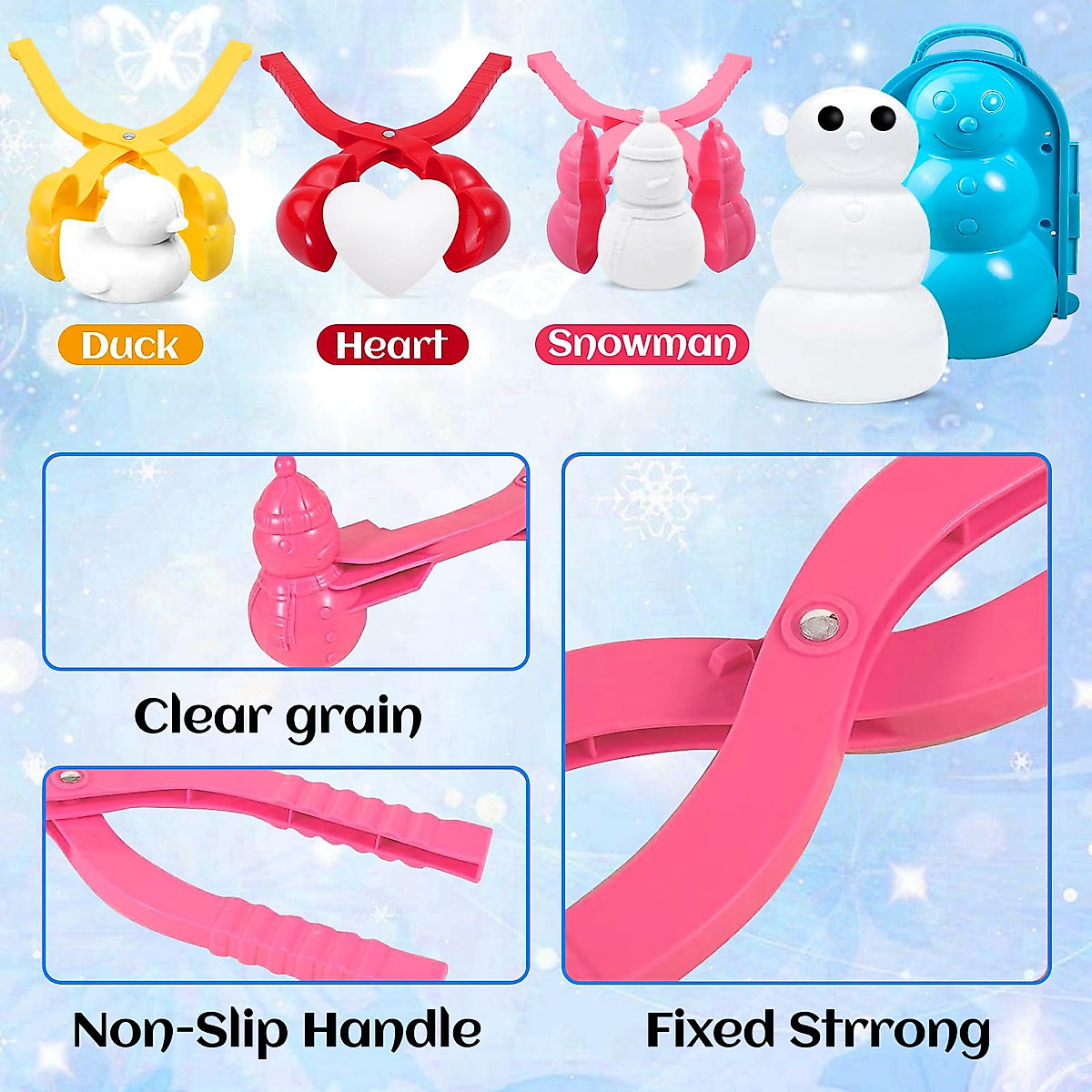 JMUQ 50pcs Snowball Maker Snow Toys for Outdoor Winter Fun Includes Heart Shaped Rabbit and Duck Snowball Makers,Gnome and Dinosaur Snow Molds and a Snowman Decorating Kit for Toddlers and Adults